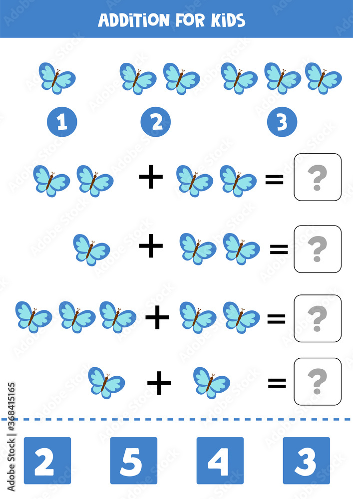 Addition with cute blue butterflies. Math worksheet for kids. Stock ...