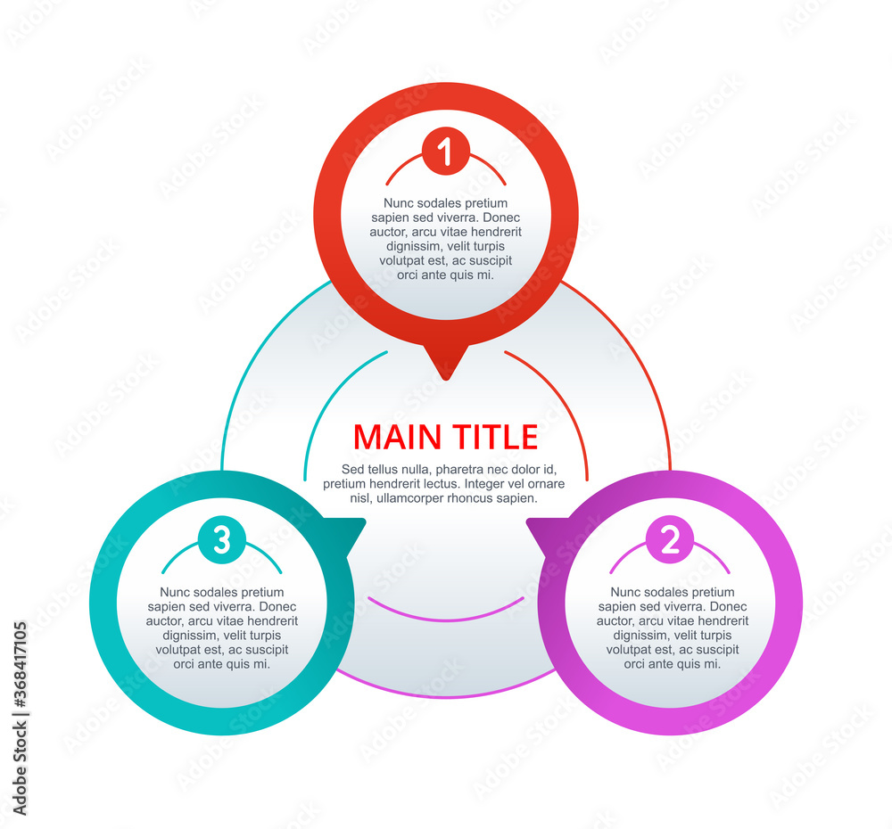 3 steps infographics (three points) with colorful pin circles in ...