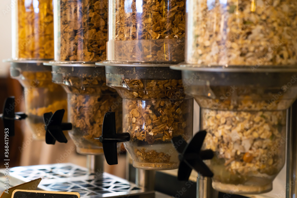 Cereal in glass refill at buffet restaurant. Cereal buffet self service ...