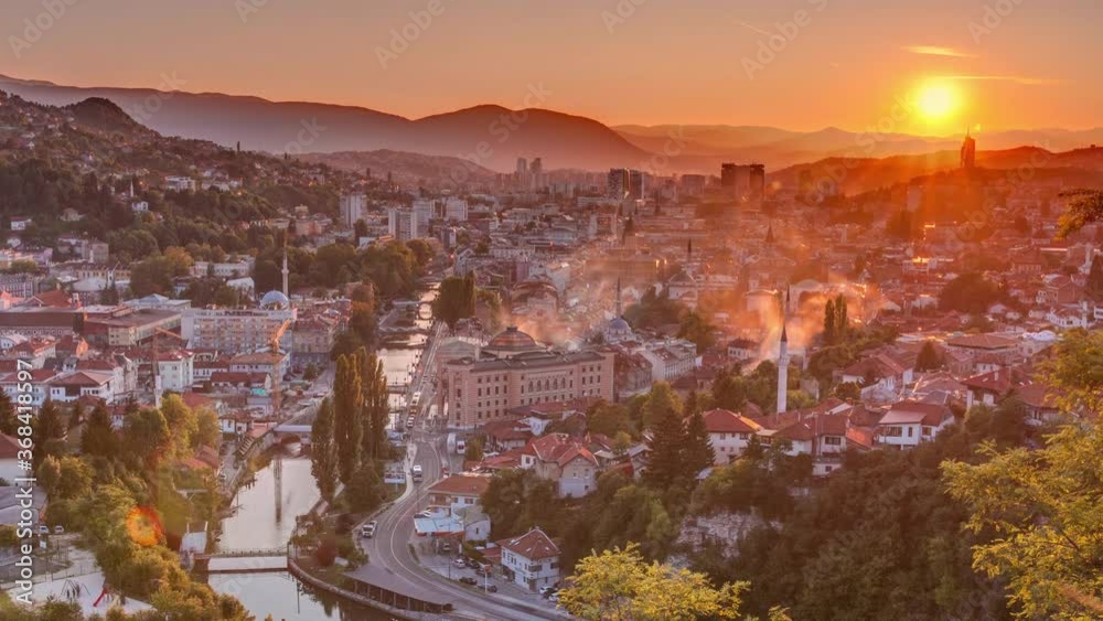 Sunset view of Sarajevo with river from most popular panoramic spot in ...
