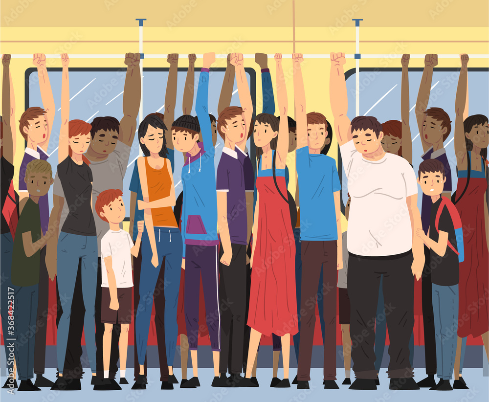 Different People Standing Inside Crowded Subway Holding Handrails ...