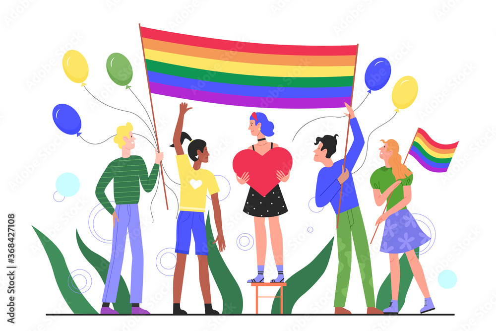 LGBT pride parade concept flat vector illustration. Cartoon happy young ...