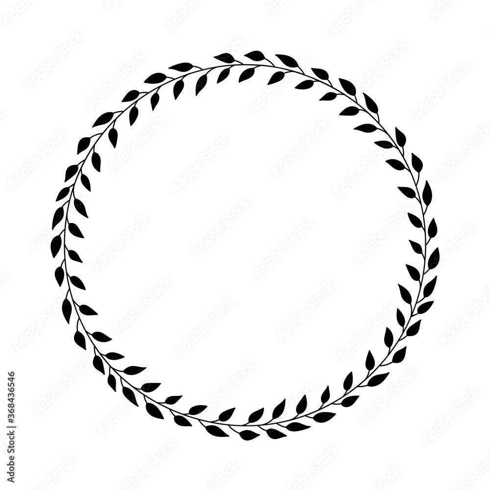 Simple black round frame with leaves. Floral ornament, silhouette of ...