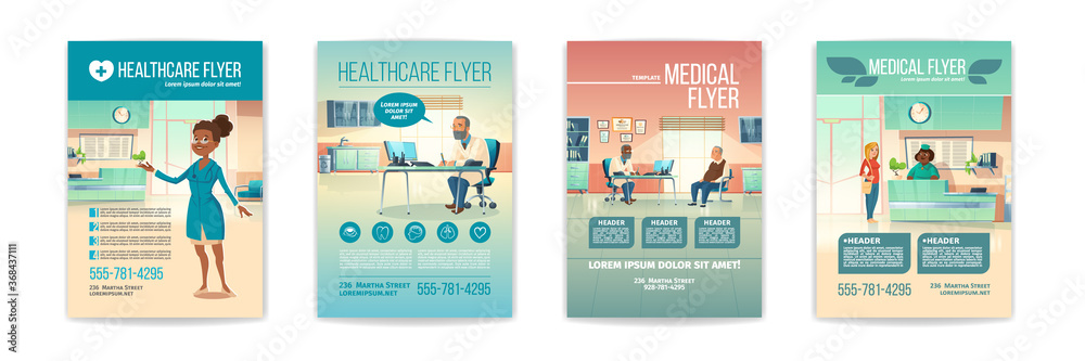 Medical flyers set. Health care service posters with people in hospital ...