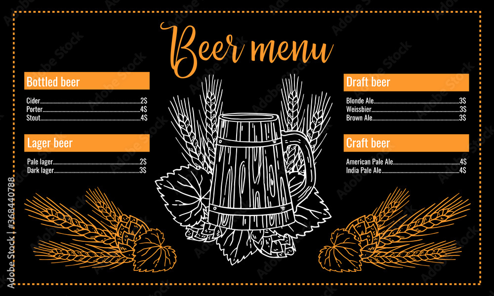 Beer menu design template with list of drinks. Mug, wheat and hop ...