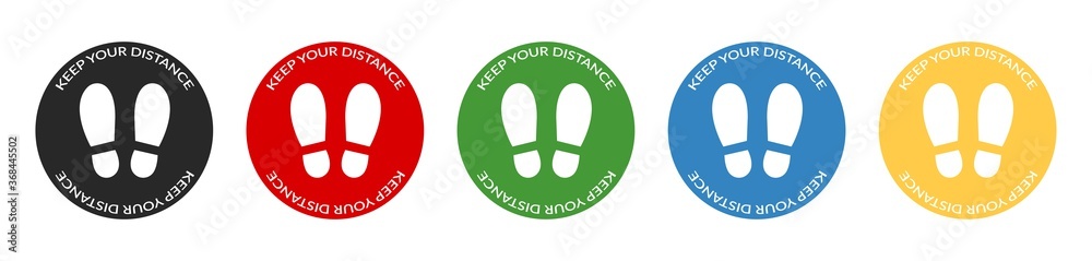 Keep your distance footprint sign stickers set in round red frame for ...