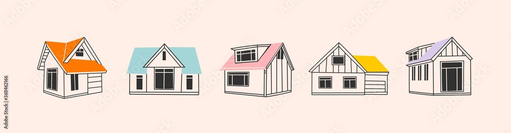 Various Outline Small and tiny houses. White walls, black windows ...