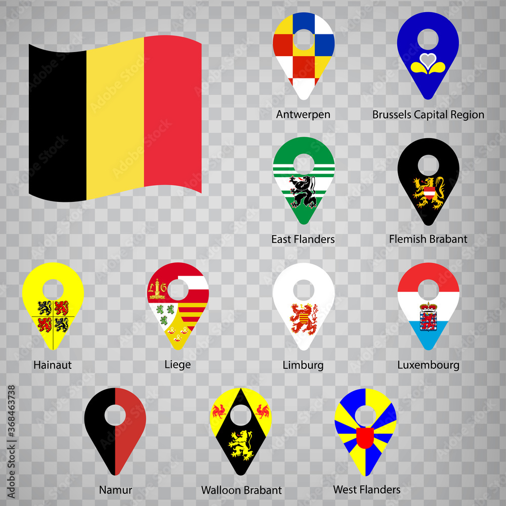 Eleven flags the Provinces of Belgium - alphabetical order with name ...
