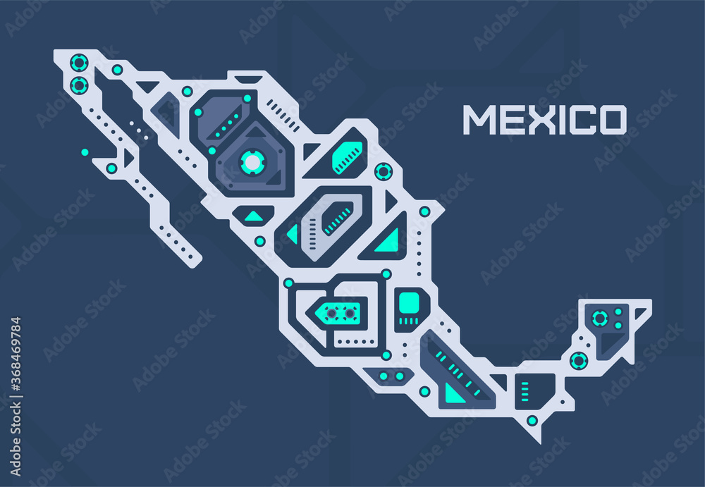 Abstract futuristic map of Mexico. Mechanical circuit of the country ...