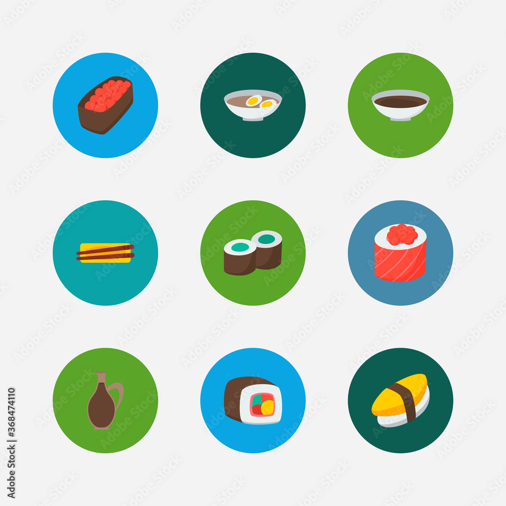Nutrition icons set. Unagi nigin and nutrition icons with gunkan, sushi ...