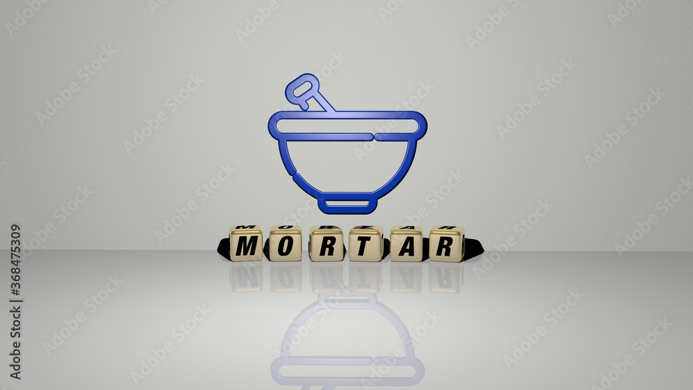 3D illustration of mortar graphics and text made by metallic dice ...