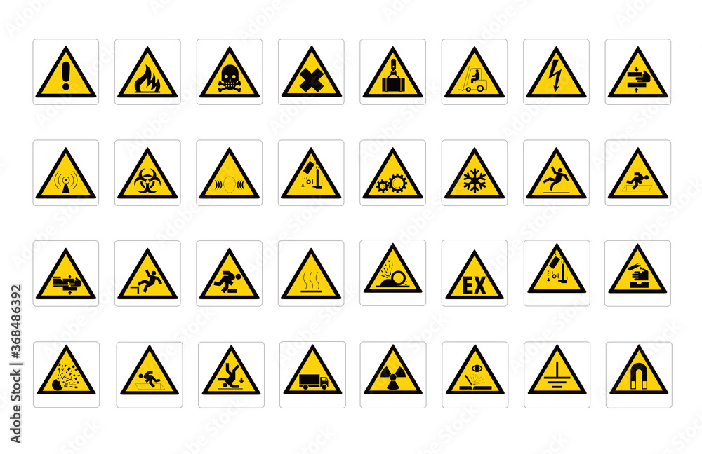 ISO 7010 SIGN WARNING SET SYMBOL SAFETY YELLOW DANGEROUS TRIANGLE Stock ...