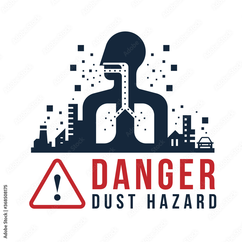 Danger dust hazard concept - human breathe dust into the lungs in ...