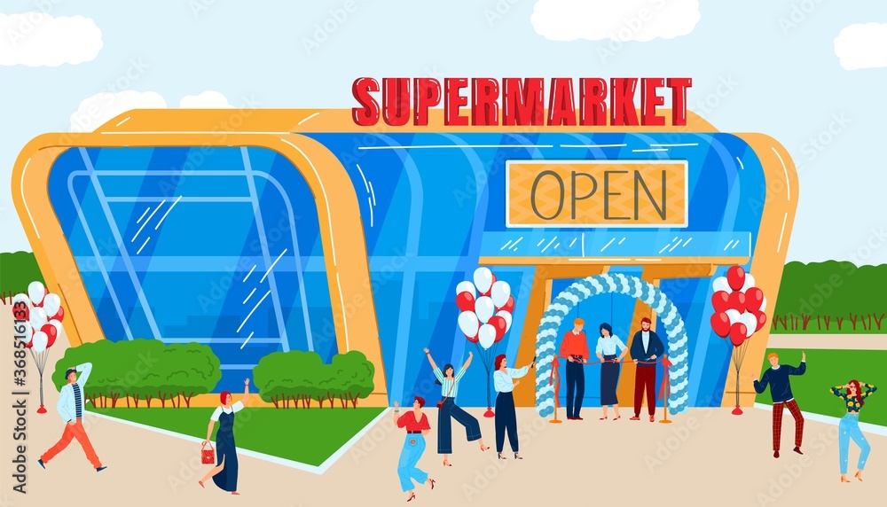 City store opening flat vector illustration. Cartoon modern urban ...