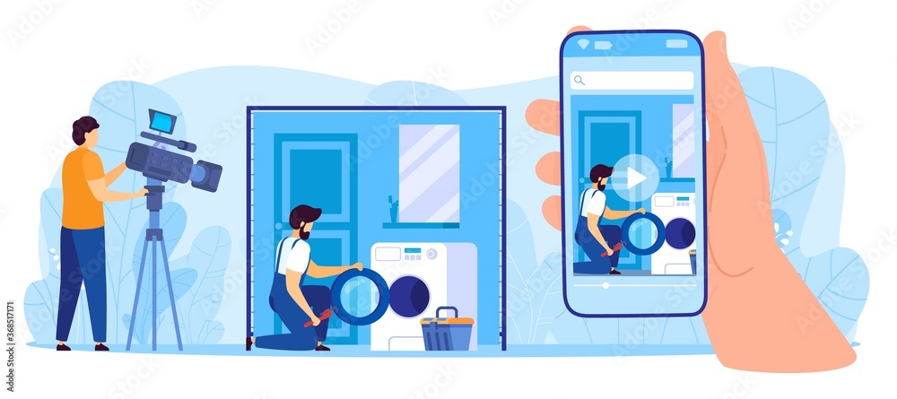Washing machine repairing video lesson flat vector illustration ...
