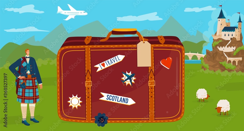 Travel to Scotland vector illustration. Cartoon flat tiny Scotsman ...