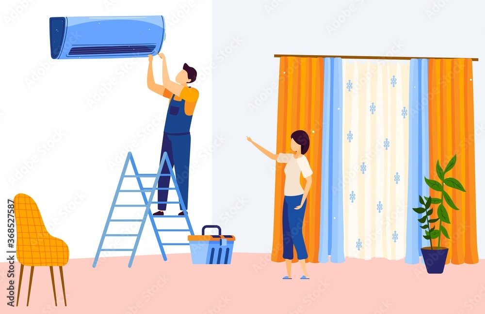 Repair air conditioner flat vector illustration. Cartoon repairman ...