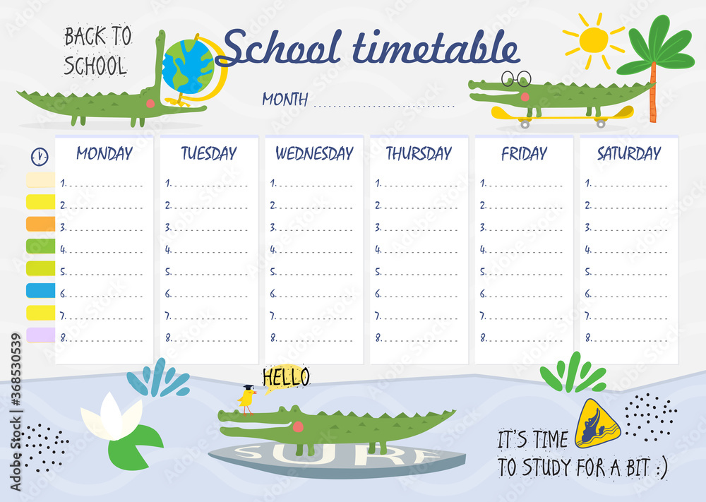 School timetable with funny crocodiles, weekly classes schedule on ...