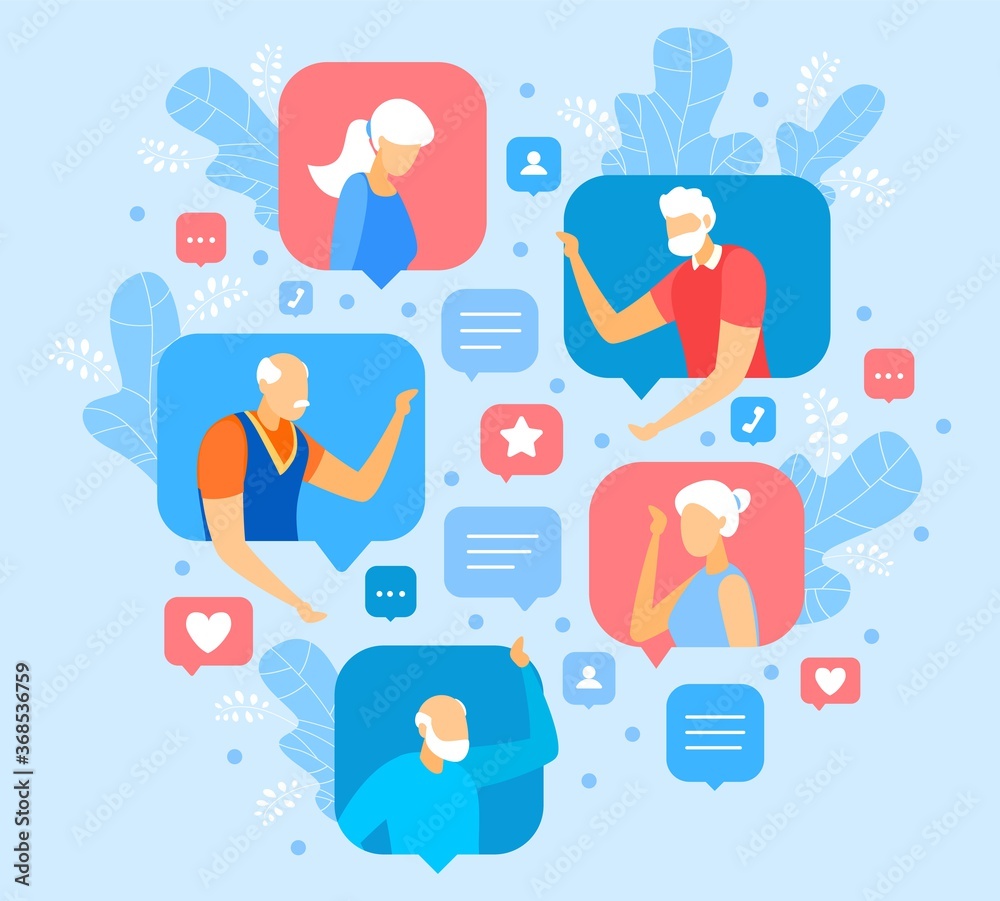 Older people in social network vector illustration. Cartoon senior flat ...