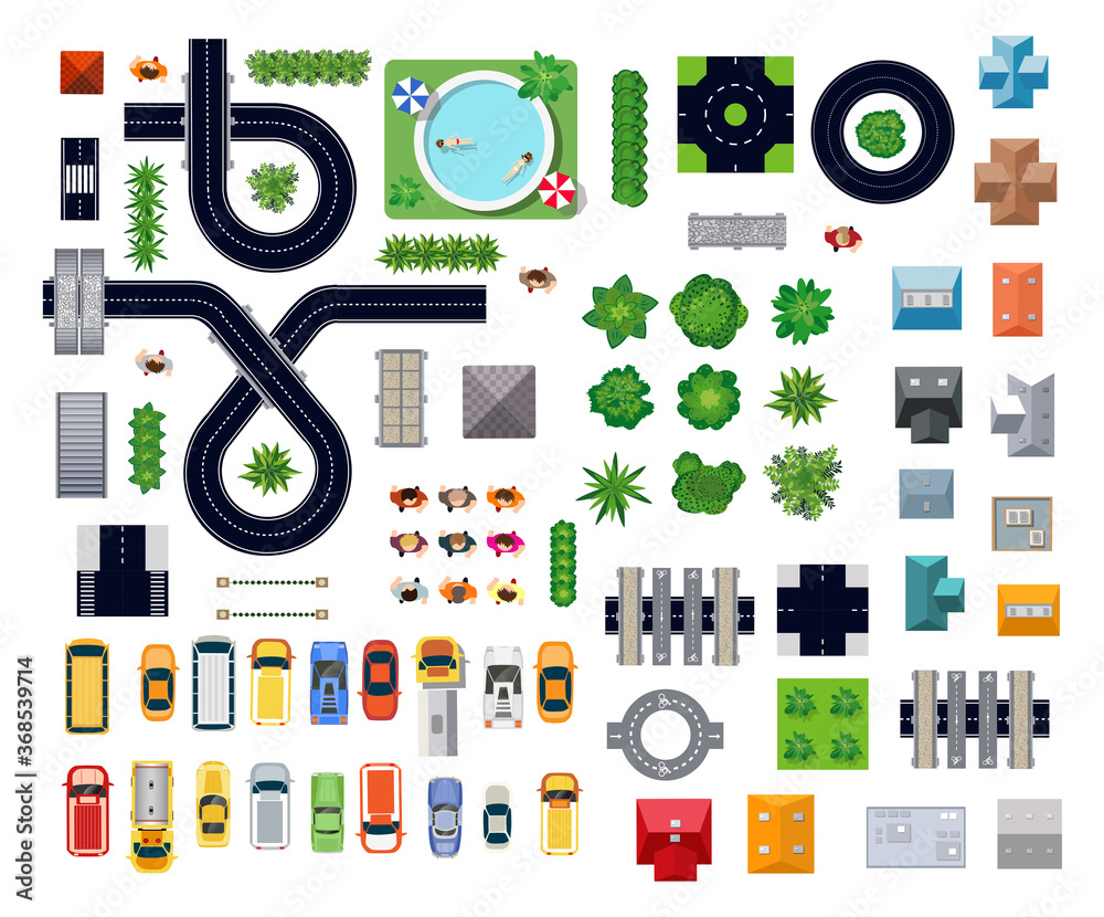 The top view from above is a map of the city with town infrastructure ...