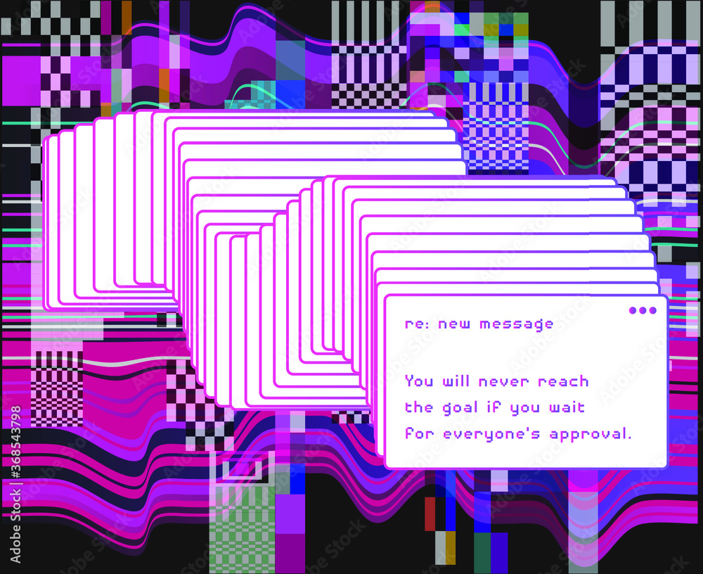 Modern collage with glitched window frame on pixelated computer screen ...