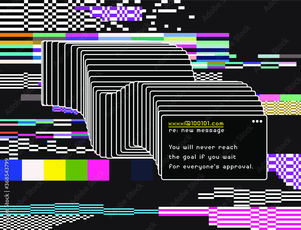 Modern collage with glitched window frame on pixelated computer screen ...