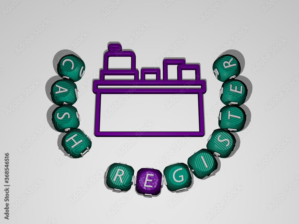 3D illustration of cash register graphics and text around the icon made ...