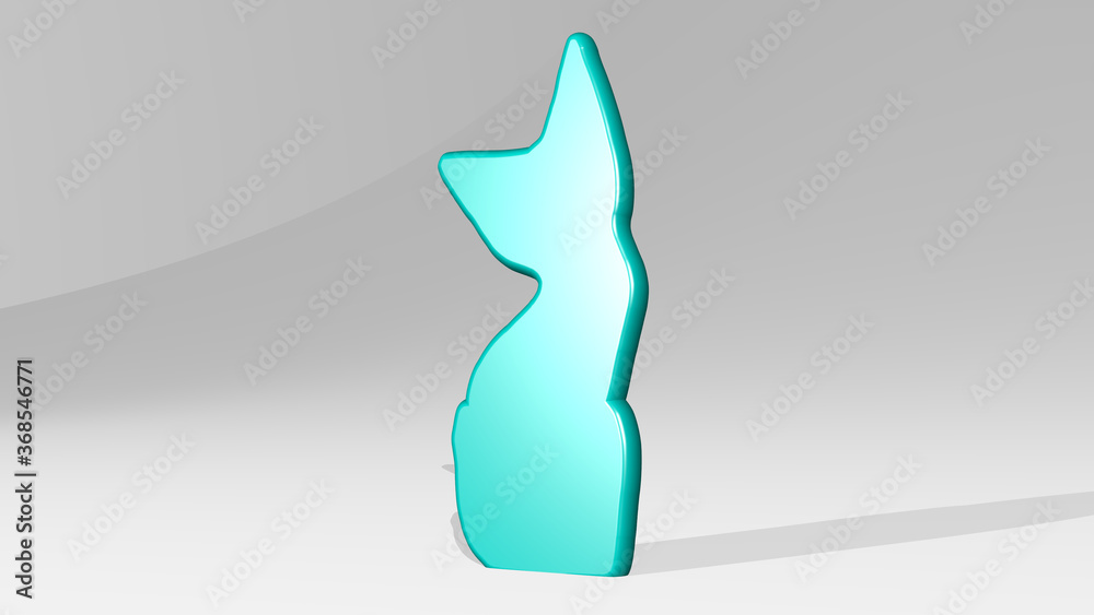 cat stand with shadow. 3D illustration of metallic sculpture over a ...