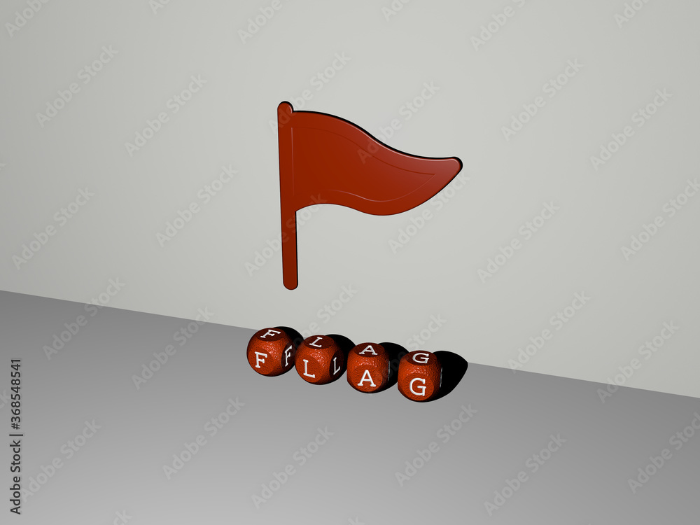 3D graphical image of flag vertically along with text built by metallic ...