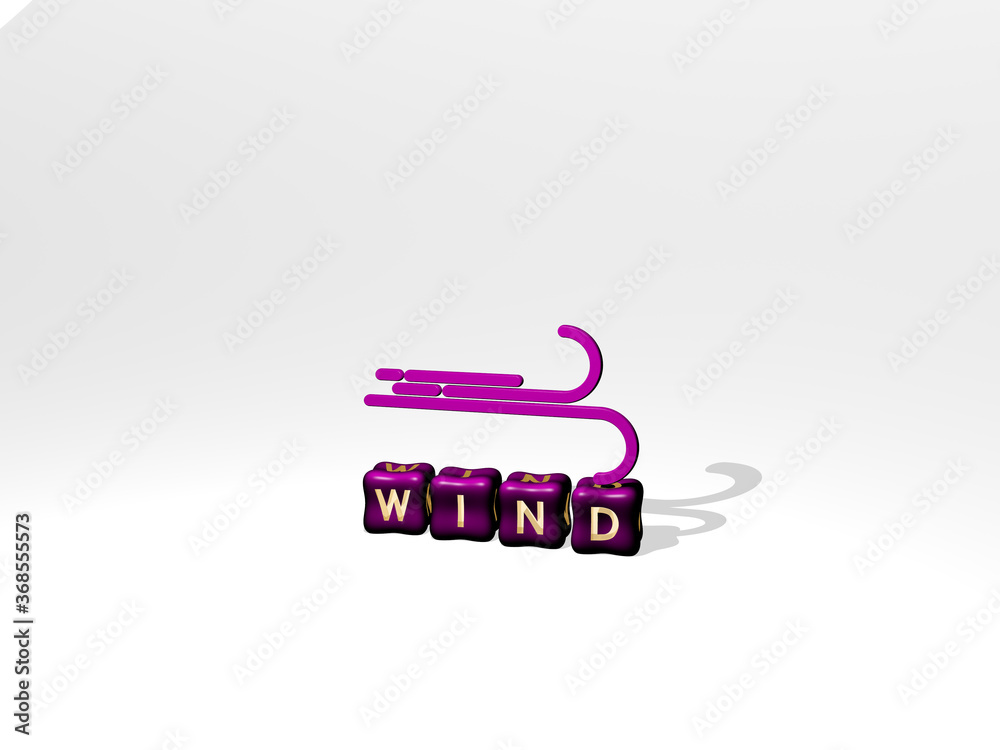 3D graphical image of wind vertically along with text built by metallic ...
