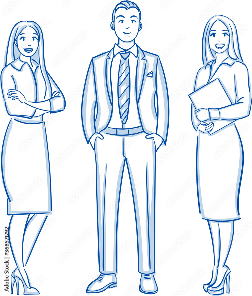 Men and Woman Hand drawn blue outline. Young man and Woman businessman ...
