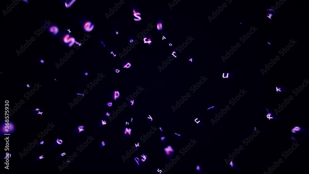 English letter alphabet flying on black background. Abstract ...