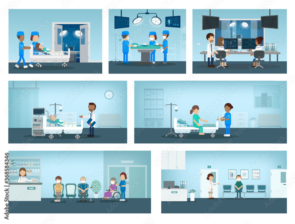 Set of surgery processes with surgeons and patient in room flat design ...