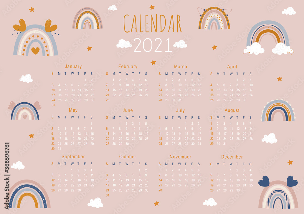 Kids rainbow calendar for 2020 year. Cute Boho Rainbows calendar for ...