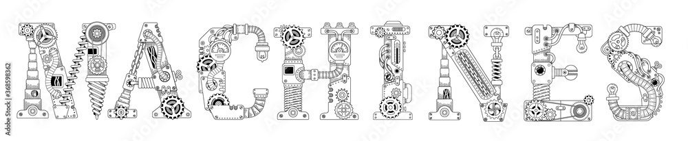 Steampunk banner. Lettering made of gears and various mechanical ...