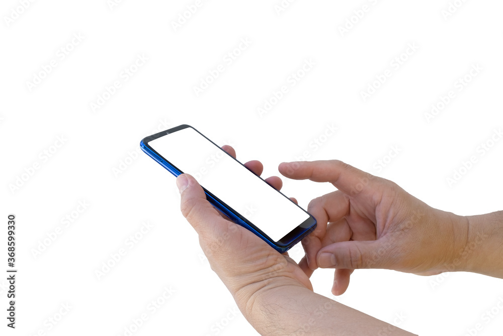 Side view of hand hold vertical smartphone and using finger touch with ...