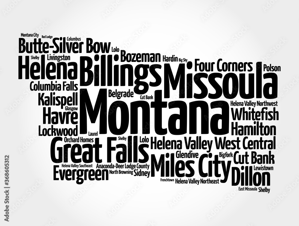 List of cities in Montana USA state, map silhouette word cloud, map ...