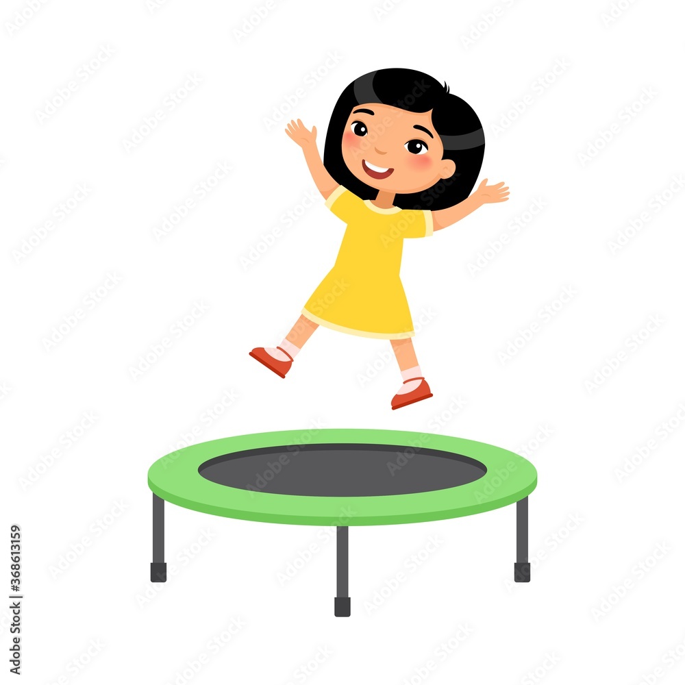 Little asian girl jumping on trampoline flat vector illustration. Happy ...