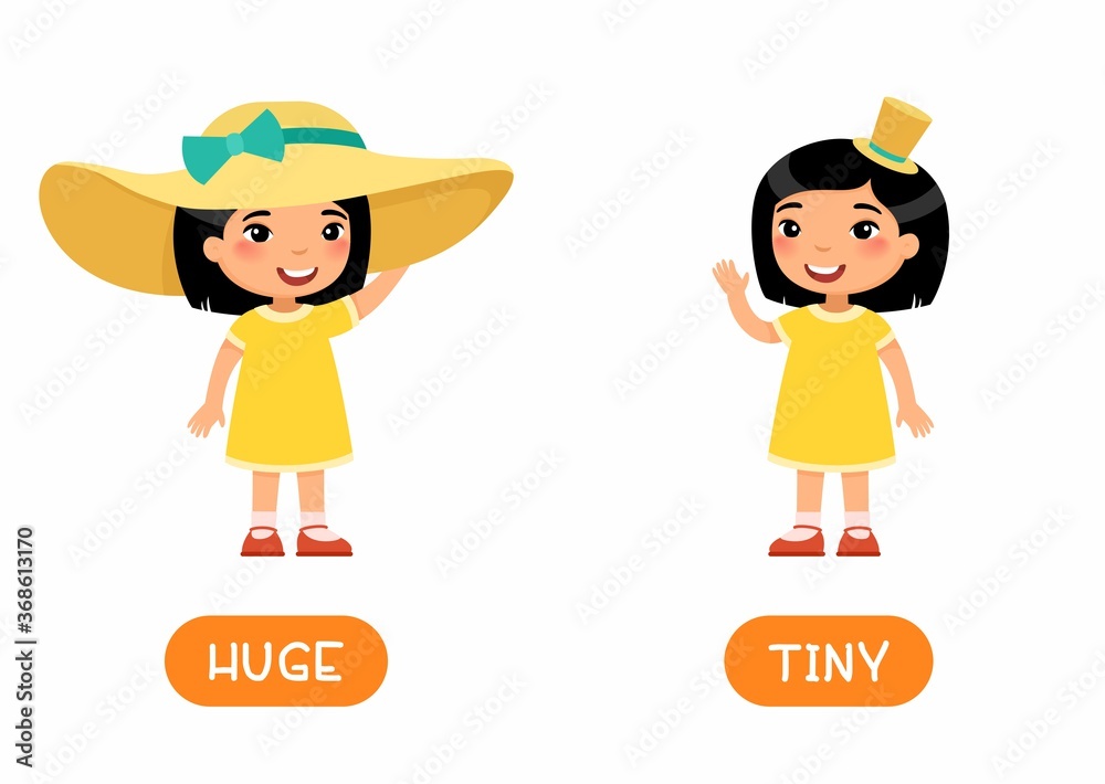 HUGE and TINY antonyms flashcard vector template. Opposites concept ...