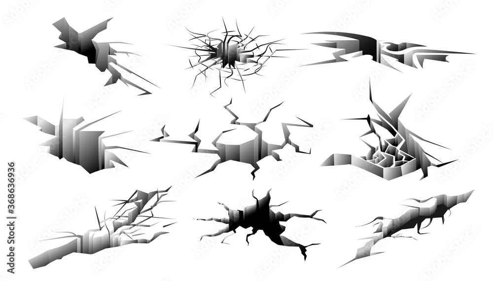 Ground crack set. Isolated earthquake hole icons. Earth destruction ...
