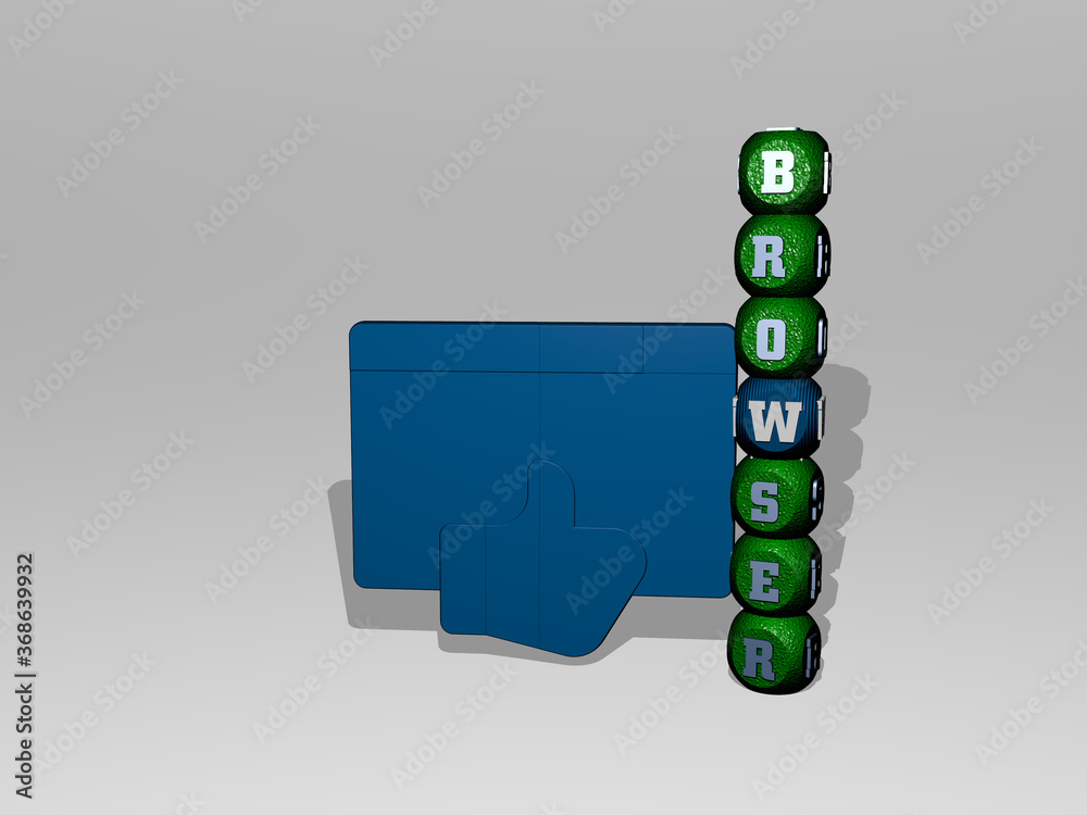 3D representation of browser with icon on the wall and text arranged by ...