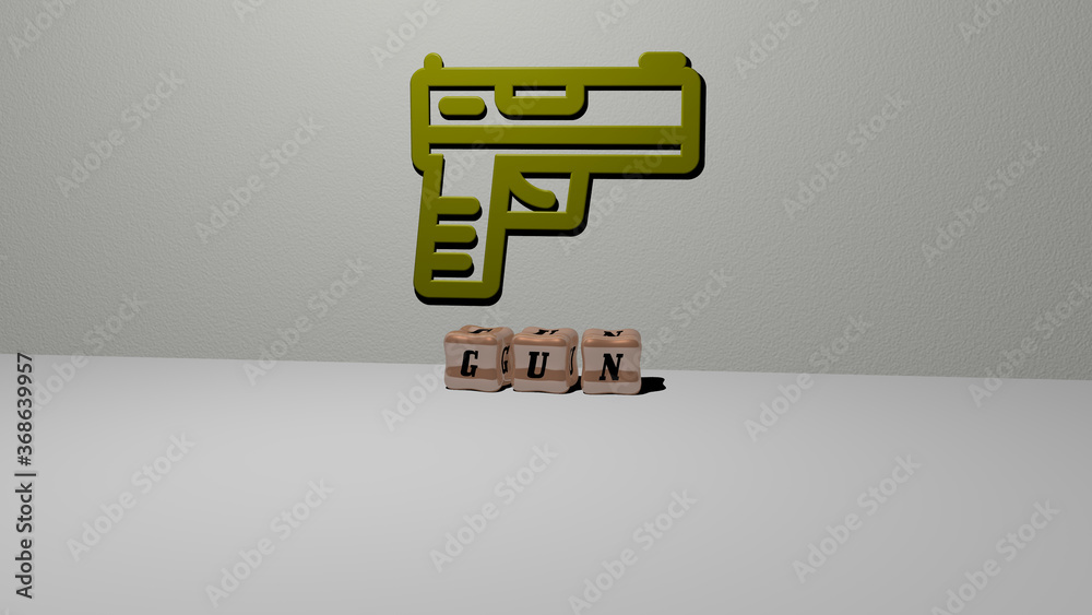 3D representation of GUN with icon on the wall and text arranged by ...