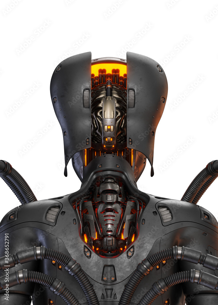 Steel robotic cyborg backwards with opened head, revealing illuminated ...