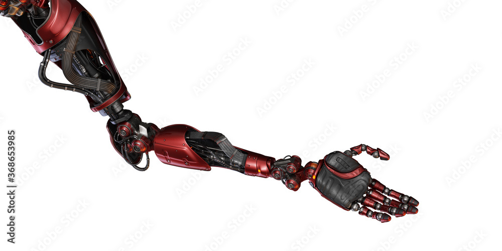 Prosthetic red robotic arm, 3d rendering in opened palm position on ...