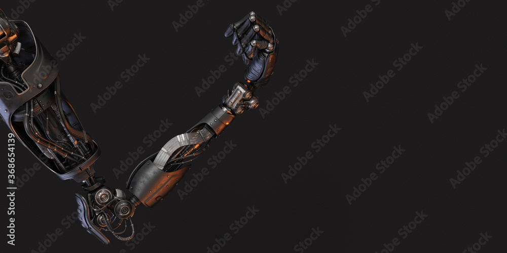 Prosthetic robotic arm with palm in fist, 3d rendering on black ...