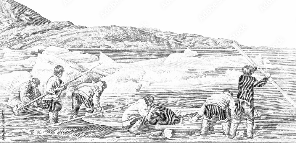 Inuit kayak hunting scene, in 1950 taken at Pond Inlet, Baffin Island ...