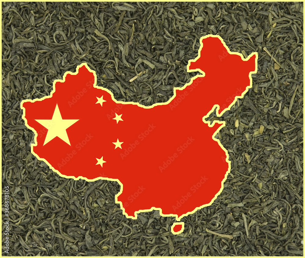 Map of China on a background of green tea from Beijing. Background for ...