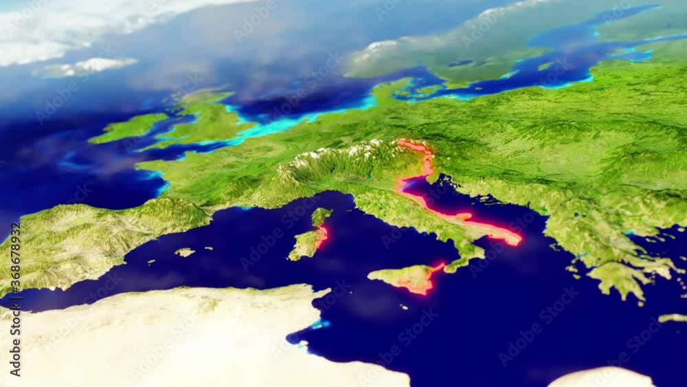 3D CGI Map of Italy, Europe With Mountain Relief, Depth of Field ...