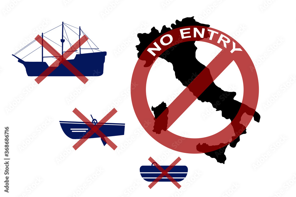 prohibition sign with no entry text against italy shape and boat icons ...