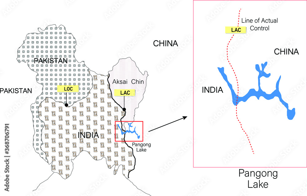 border of India and China map. line of actual control or LAC. Map of ...